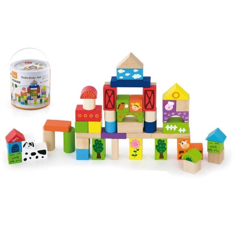 Viga Wooden Farm Blocks | 50 pc Blocks | Colourful Farmyard Blocks
